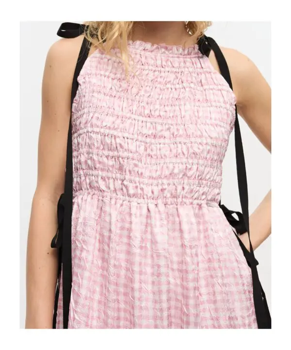 GANNI Textured Checked Maxi Dress With Ribbon Ties