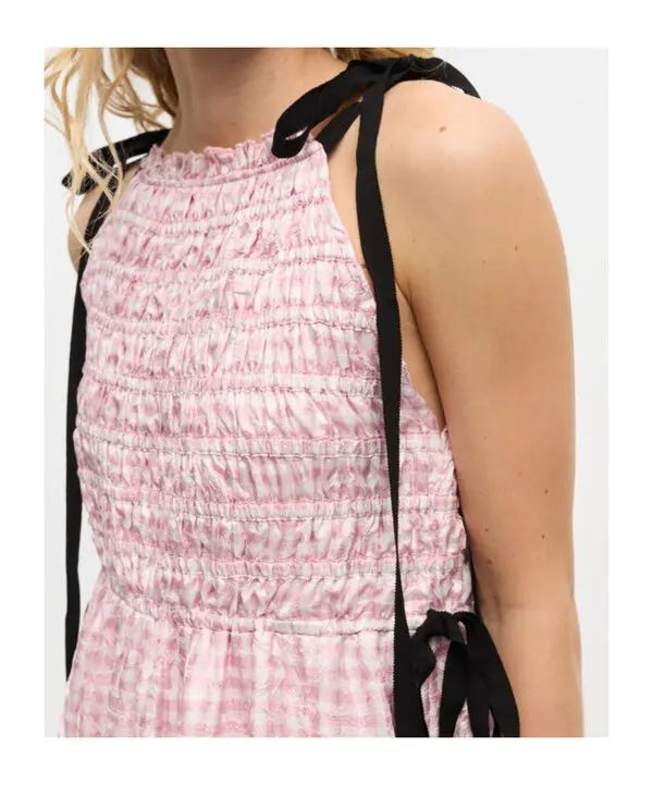 GANNI Textured Checked Maxi Dress With Ribbon Ties