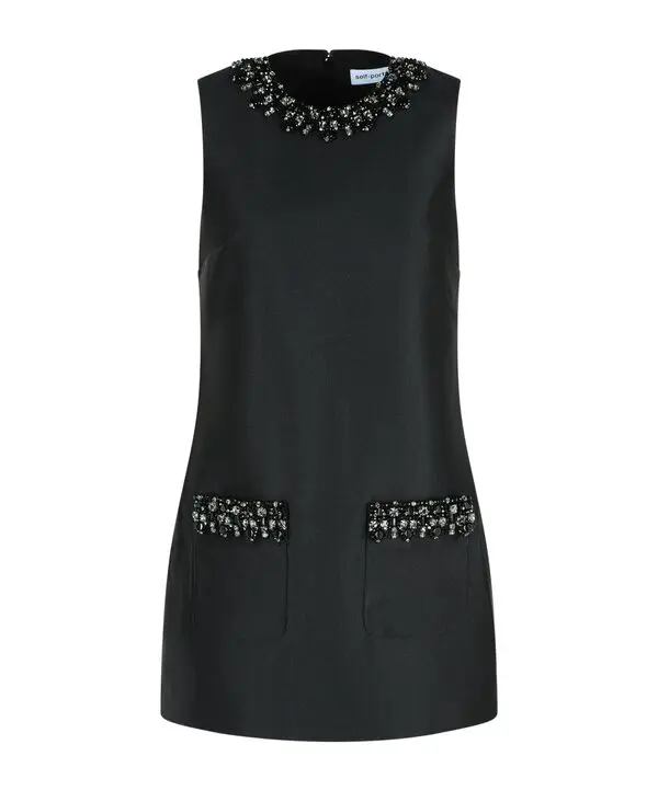 SELF-PORTRAIT Embellished Trim Mini Taffeta Dress - Black