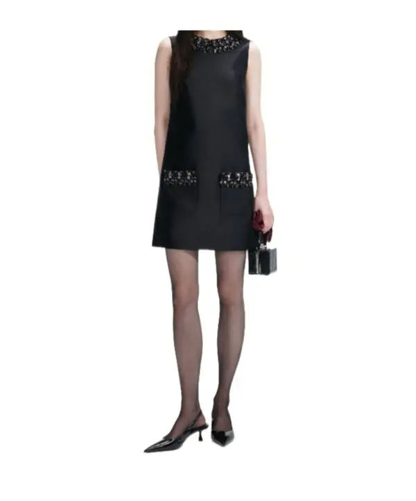 SELF-PORTRAIT Embellished Trim Mini Taffeta Dress - Black
