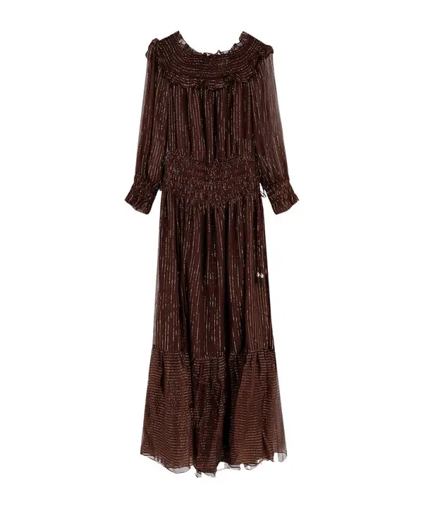 SELF-PORTRAIT Georgette Maxi Dress With Ruffled Off-the-shoulder Neckline - Brown