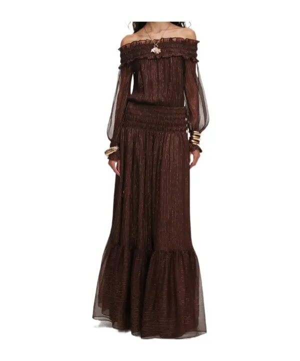 SELF-PORTRAIT Georgette Maxi Dress With Ruffled Off-the-shoulder Neckline - Brown