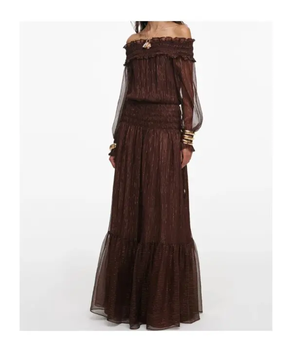 SELF-PORTRAIT Georgette Maxi Dress With Ruffled Off-the-shoulder Neckline - Brown