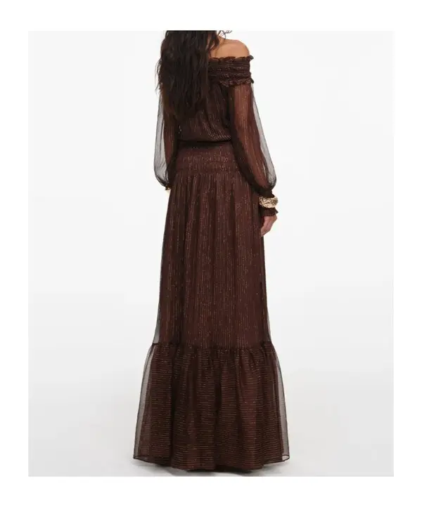 SELF-PORTRAIT Georgette Maxi Dress With Ruffled Off-the-shoulder Neckline - Brown