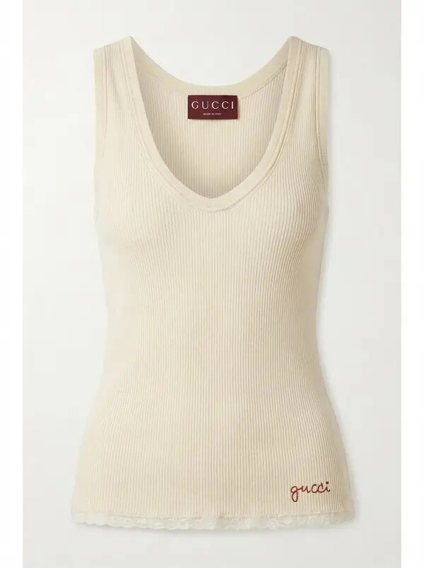 Gucci Embroidered Lace-trimmed Ribbed Knit Vest