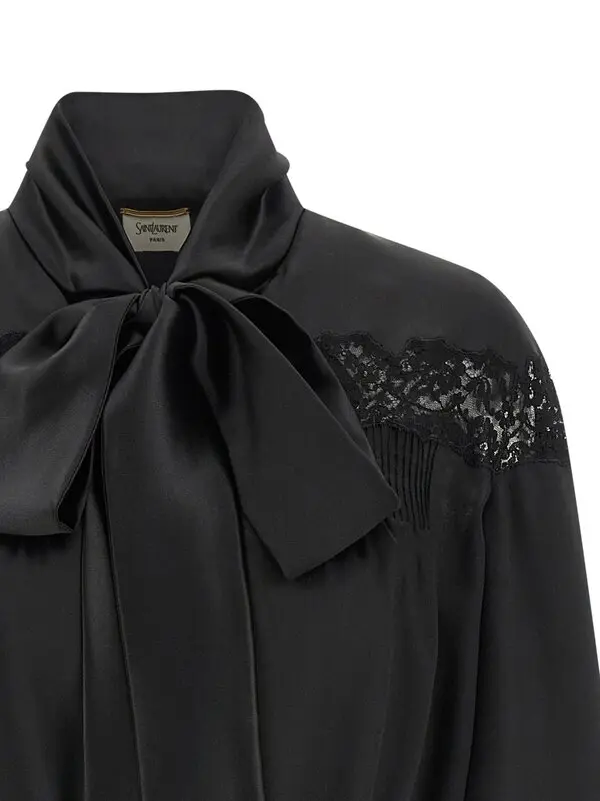 Saint Laurent Bow Detailed Lace Trim Shirt