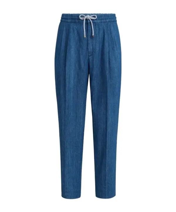 Brunello Cucinelli Double Pleated Lightweight Denim Trousers - Medium Denim