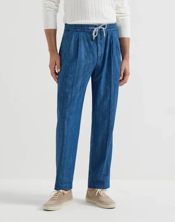 Brunello Cucinelli Double Pleated Lightweight Denim Trousers - Medium Denim