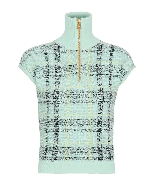 Balmain Sleeveless Plaid Tweed Top With Zipper Collar