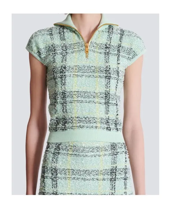 Balmain Sleeveless Plaid Tweed Top With Zipper Collar