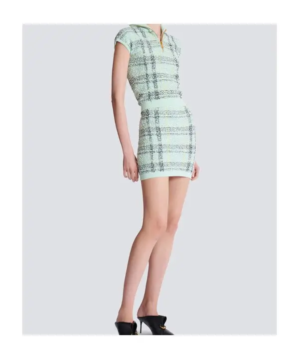 Balmain Sleeveless Plaid Tweed Top With Zipper Collar