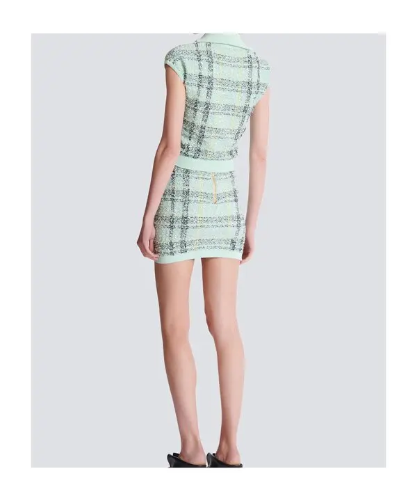 Balmain Sleeveless Plaid Tweed Top With Zipper Collar