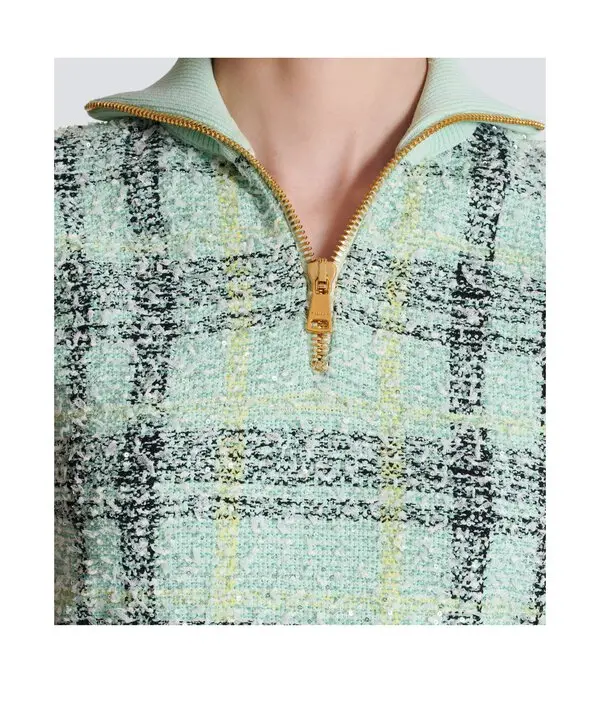 Balmain Sleeveless Plaid Tweed Top With Zipper Collar
