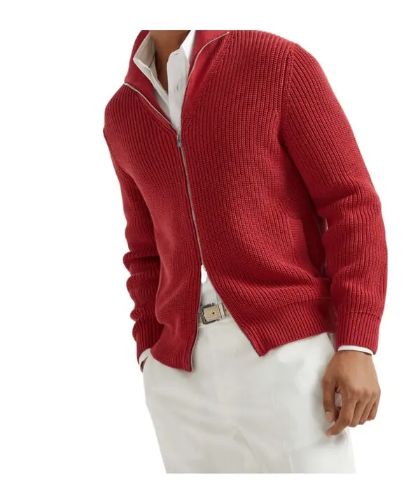 Brunello Cucinelli Ribbed Knit Zip-up Cardigan - Ruby Colour