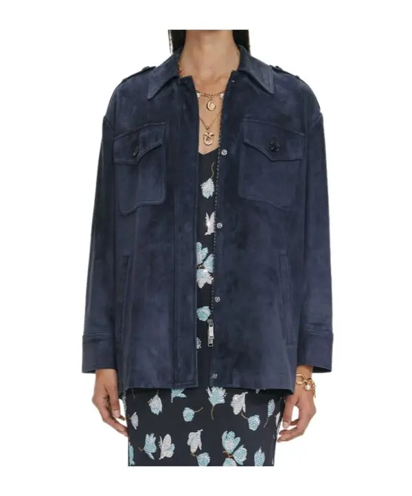 SELF-PORTRAIT Navy Suede Oversized Jacket - Navy Blue
