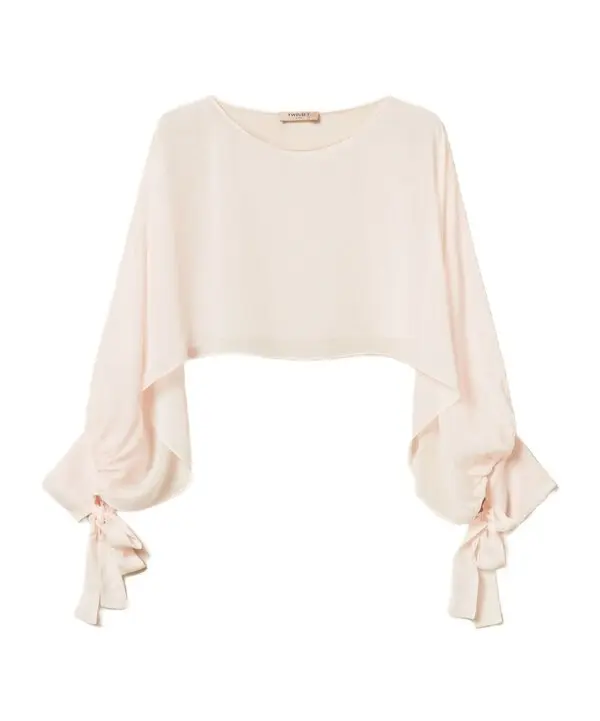 TWINSET Draped Sleeve Crop Top - White
