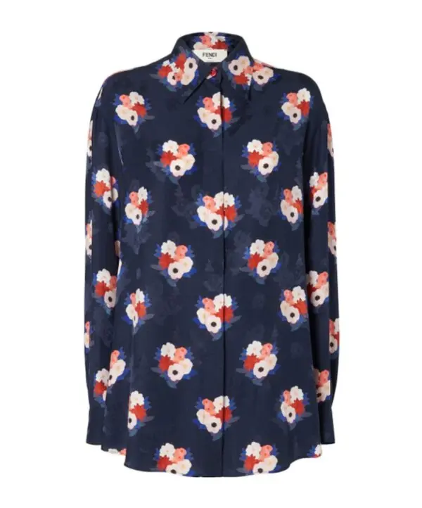 Fendi Bouquet Motif Printed Long Sleeved Silk Shirt - Blue