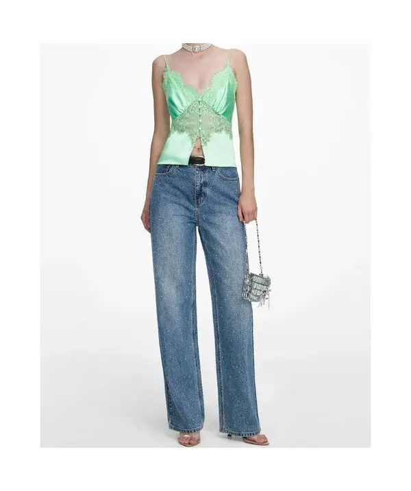 SELF-PORTRAIT Embellished Denim Straight Leg Jeans