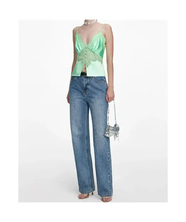 SELF-PORTRAIT Embellished Denim Straight Leg Jeans