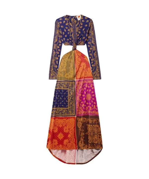 Farm Rio Knotted Cutout Printed Jersey Maxi Dress