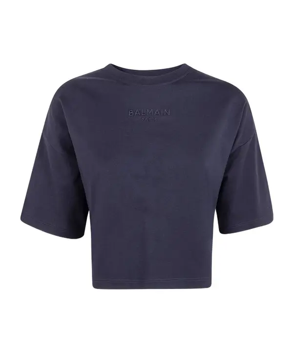 Balmain Logo Embroidered Cropped T-shirt - Black