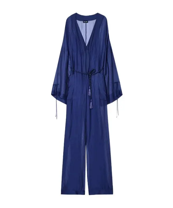 Giorgio Armani Sheer V-neck Jumpsuit With Tassel Belt - Blue
