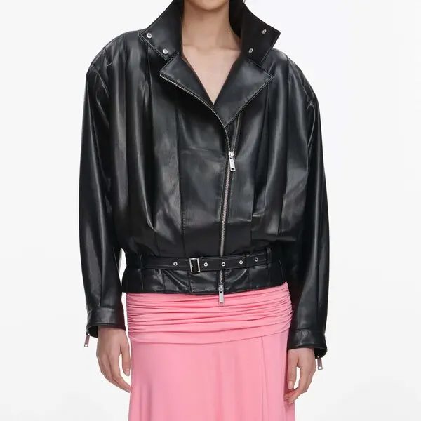 SELF-PORTRAIT Pleated Belted Biker Jacket