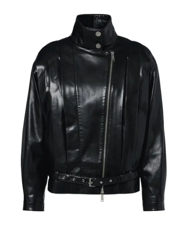 SELF-PORTRAIT Pleated Belted Biker Jacket - Black