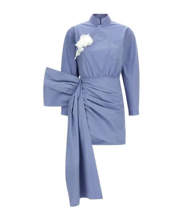 SELF-PORTRAIT Cotton Asymmetrical Bow Detail Mini Dress - Blue