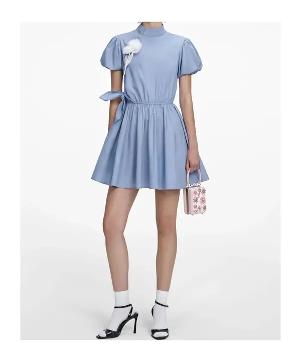 SELF-PORTRAIT Cotton Asymmetrical Bow Detail Mini Dress