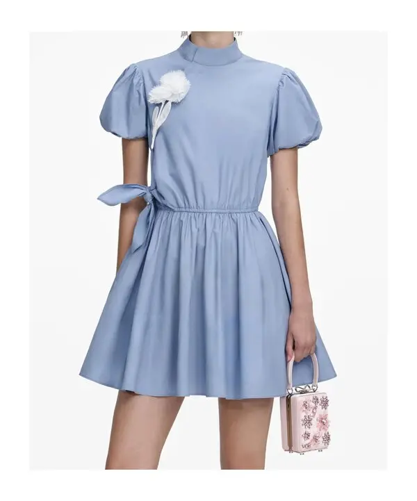 SELF-PORTRAIT Cotton Asymmetrical Bow Detail Mini Dress