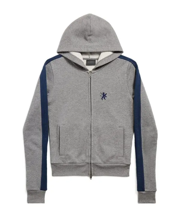 Balenciaga Zip Hoodie Sweatshirt With Embroidered Lion - Dark Hemp Grey/washed Navy Blue
