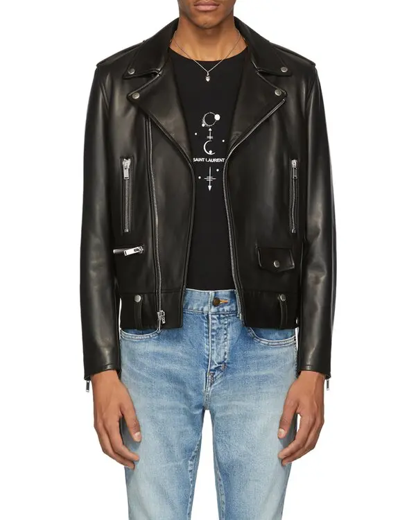 Saint Laurent Leather Biker Jacket With Zipper Detail - Black