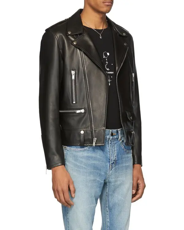 Saint Laurent Leather Biker Jacket With Zipper Detail - Black