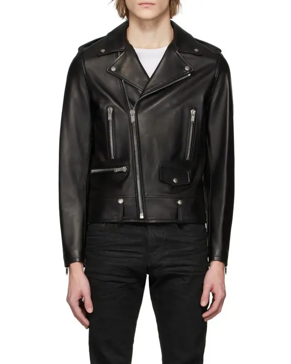 Saint Laurent Leather Biker Jacket With Zipper Detail - Black