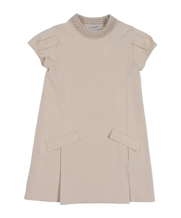 Moncler Short Sleeve Embroidered Logo Dress With Crochet Trim - Beige