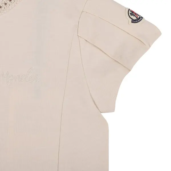 Moncler Short Sleeve Embroidered Logo Dress With Crochet Trim