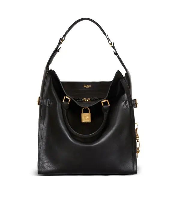 Balmain Pulse Large Waxed Calfskin Leather Tote Bag - Black