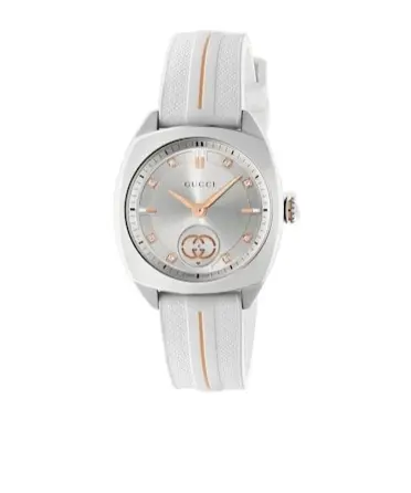 Gucci Interlocking Watch, 29mm, Stainless Steel, Diamonds, White Rubber Strap - Silver/white