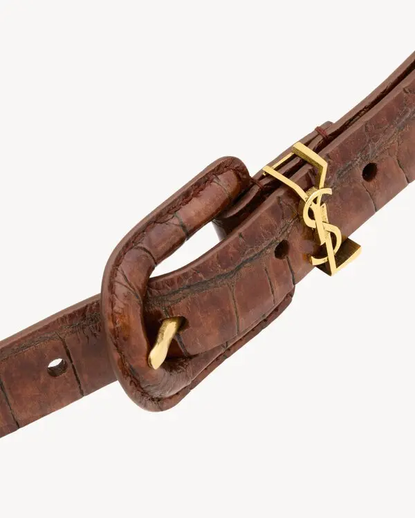 Saint Laurent Cassandre Covered Buckle Thin Belt - Brown