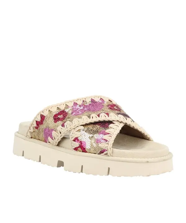 Mou Criss Cross Embellished Flat Sandals - Nude