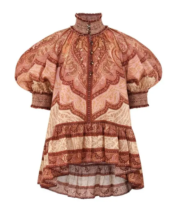 Zimmermann Silk Smocked Puff-sleeve Blouse - Tapestry Burgundy Multi