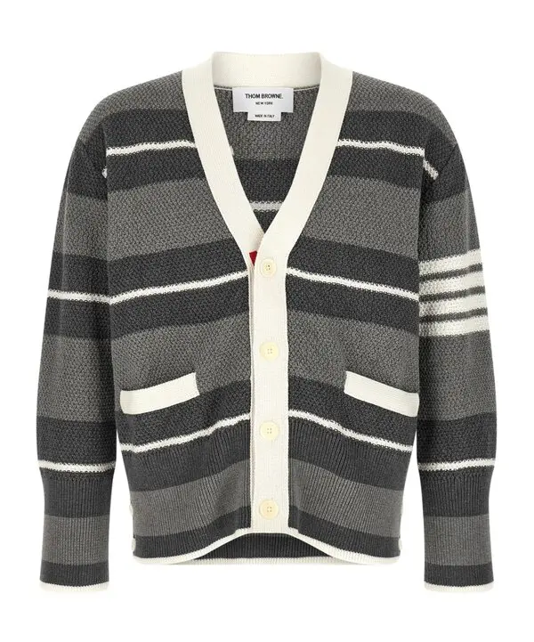 Thom Browne Striped Heavy Cotton Cardigan - Grey