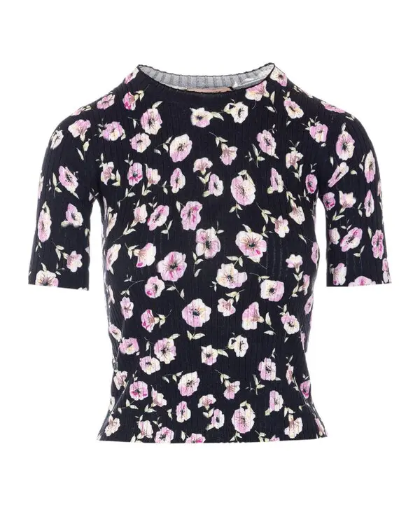 TWINSET Crewneck Floral-print Ribbed T-shirt - Black
