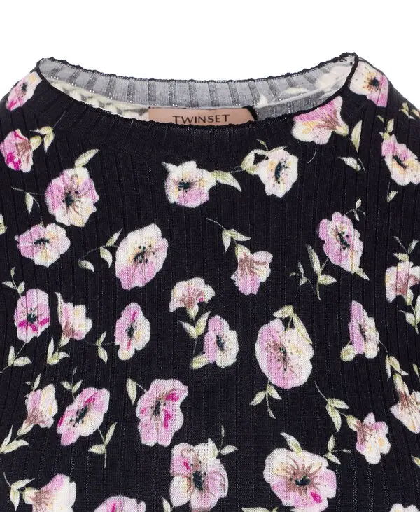 TWINSET Crewneck Floral-print Ribbed Short-sleeve T-shirt
