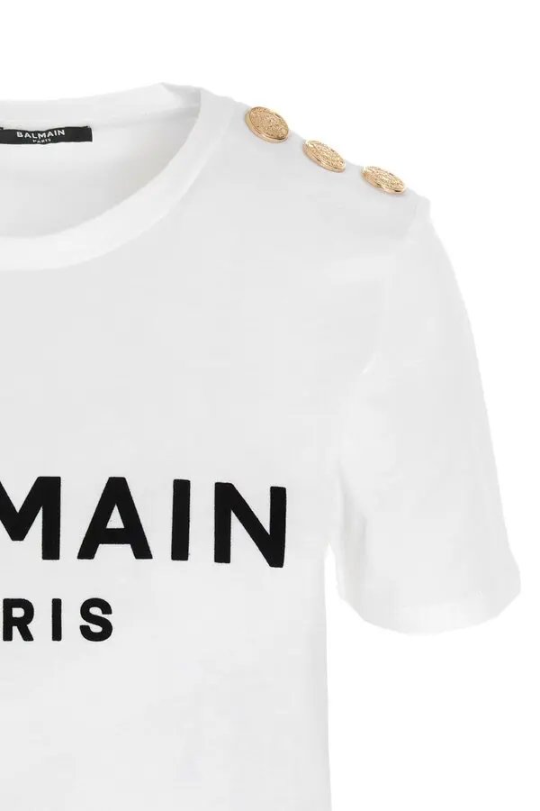 Balmain Logo Printed Crewneck T-shirt With Button Detail - White