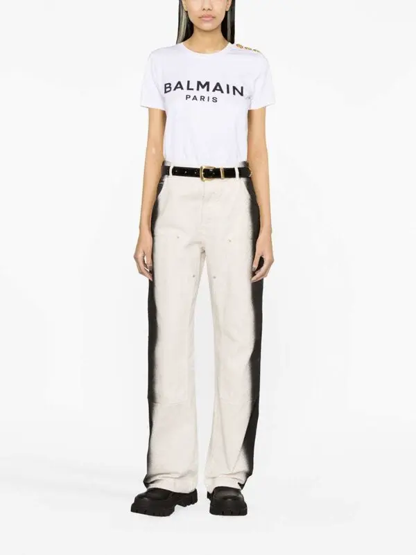 Balmain Logo Printed Crewneck T-shirt With Button Detail - White