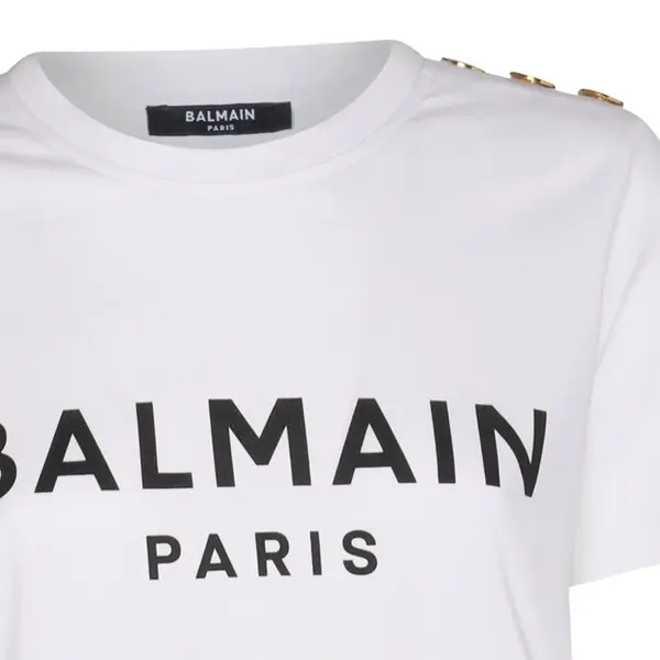 Balmain Logo Printed Crewneck T-shirt With Button Detail - White