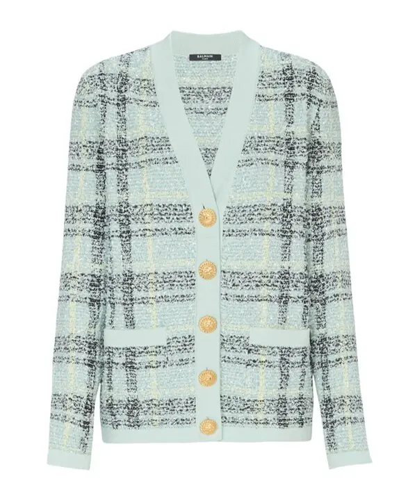 Balmain V-neck Button-down Glitter Tweed Cardigan - Green