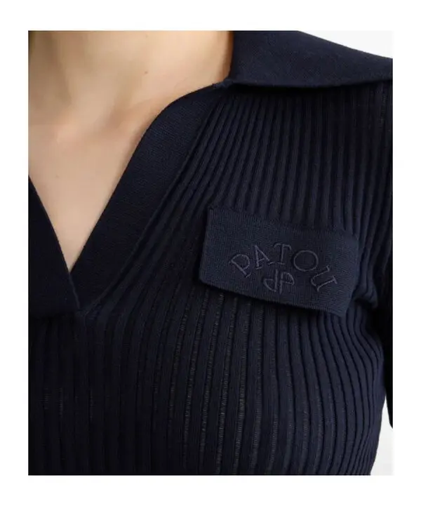 PATOU Ribbed Knit Polo Top With Embroidered Pocket - Black